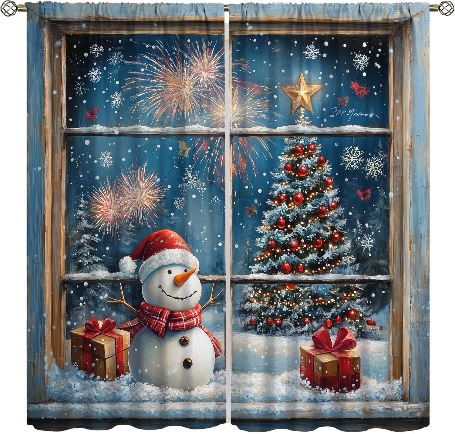 Christmas Window Curtains, Colorful Ornaments and Snowy Winter Scene ...