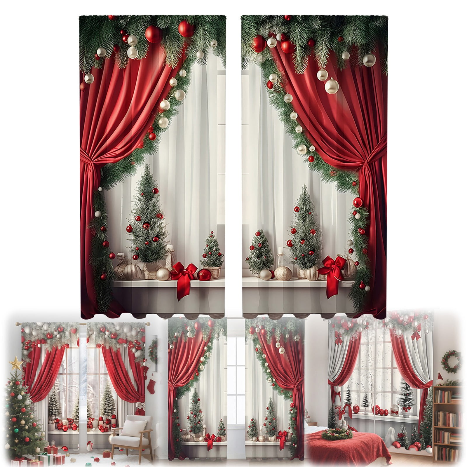 Christmas Window Curtains Winter Xmas Tree Glitter Print Curtains Home ...