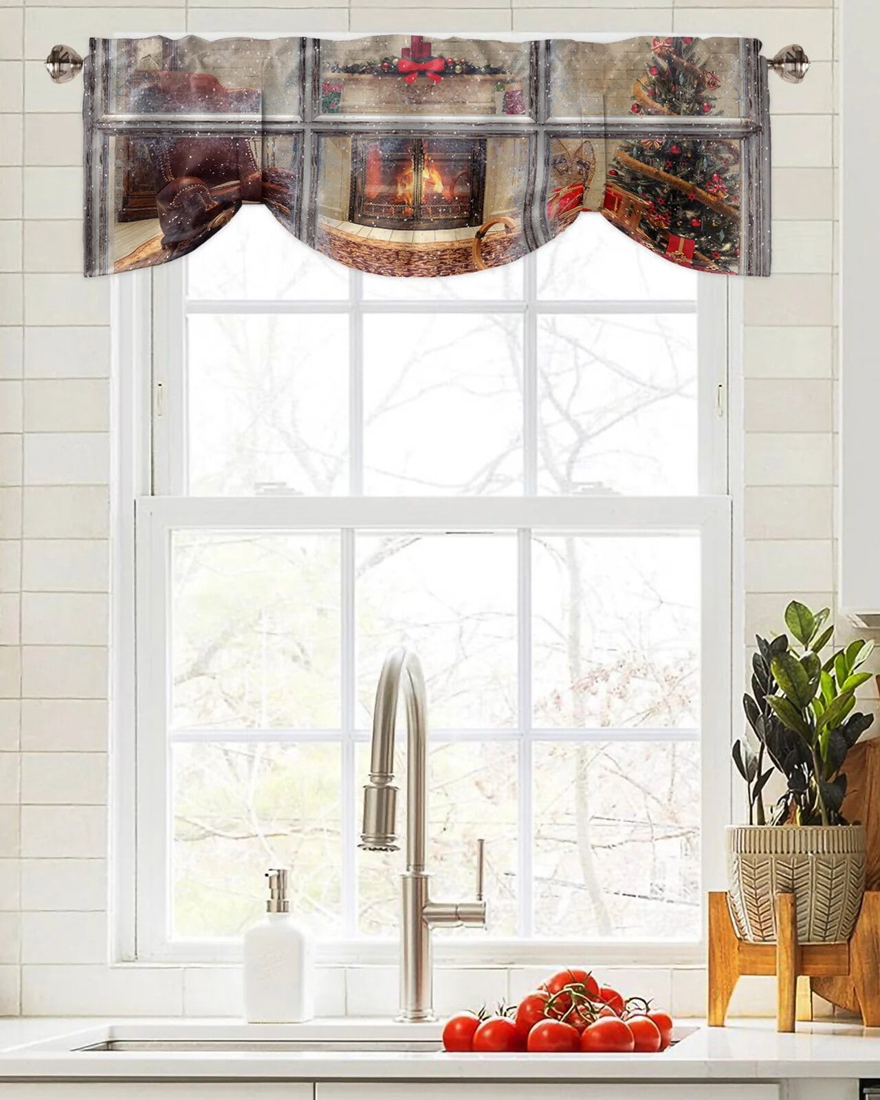Christmas Window Gift Box Fireplace Window Curtain Living Room Kitchen ...