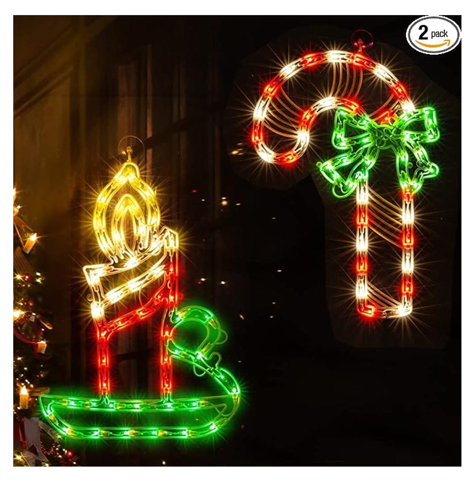 Christmas Window Lights Decorations 2 Pack - Lighted Candle & Candy ...