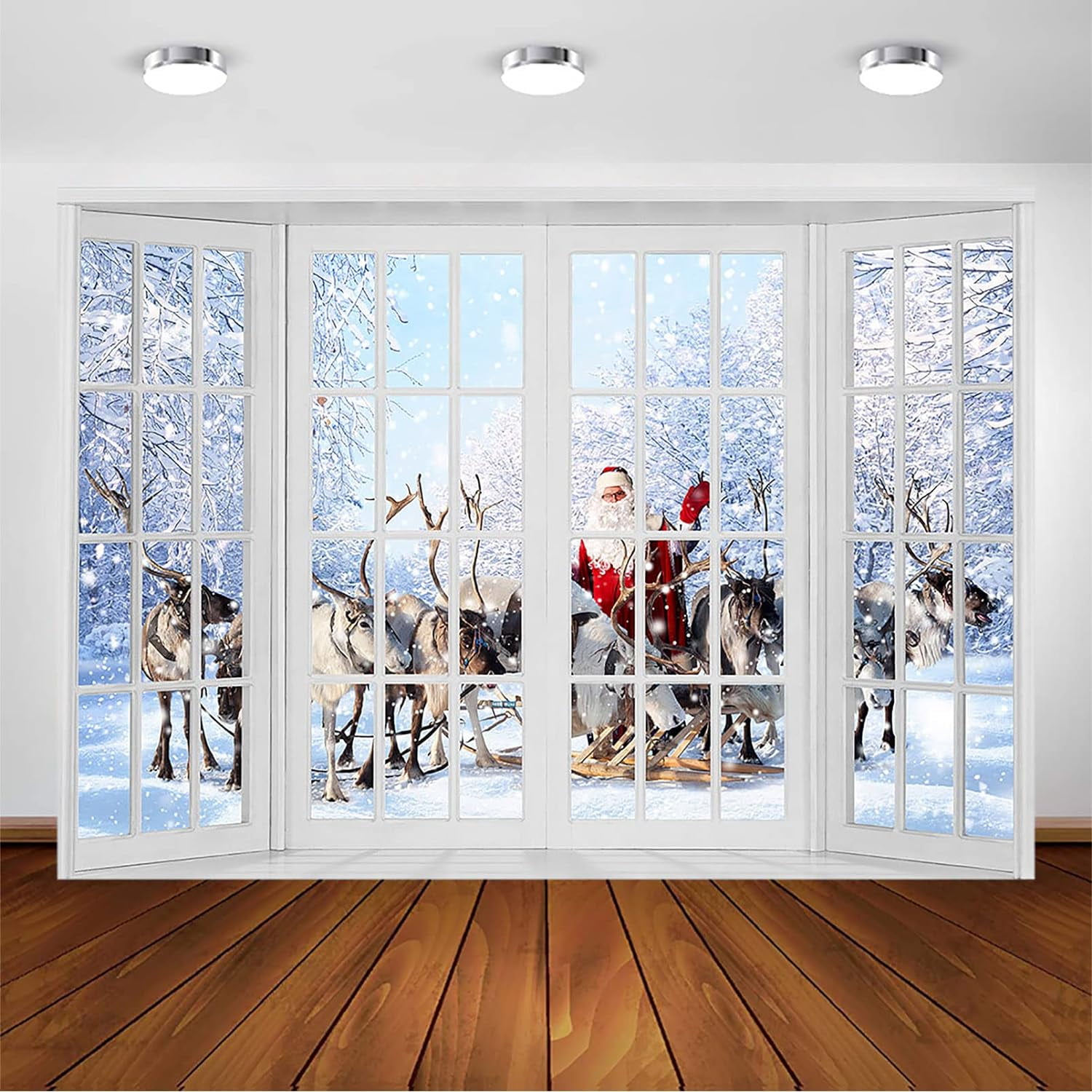 Christmas Window Photography Backdrop Winter Window Santa Claus Elk Snow Backdrops Winter ...