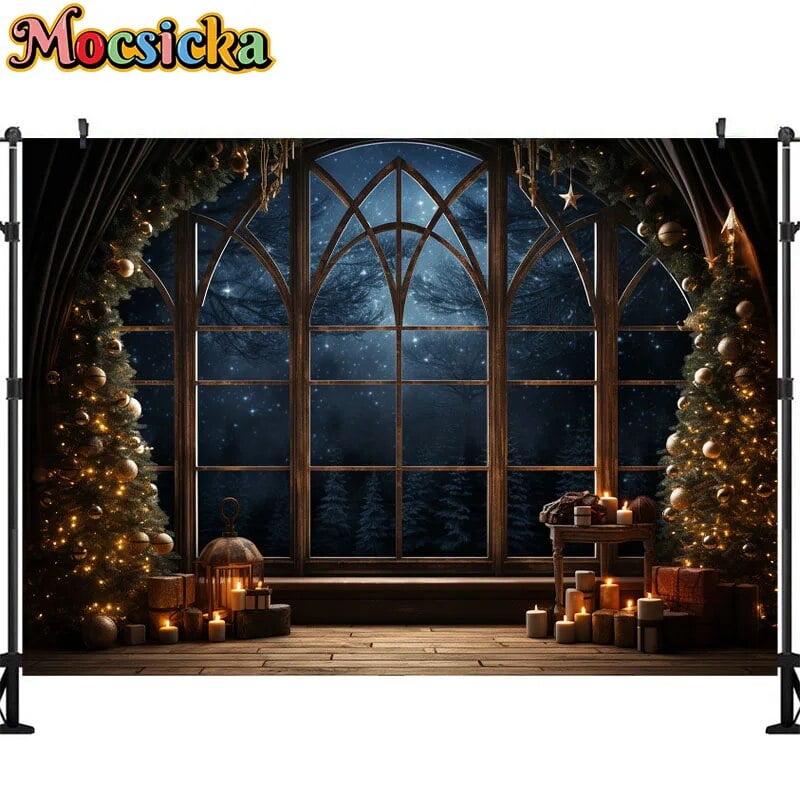 Christmas Window Snowy Night Backdrops Xmas Tree Portrait Photos