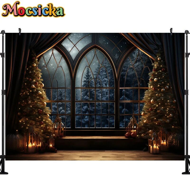 Christmas Window Snowy Night Backdrops Xmas Tree Portrait Photos
