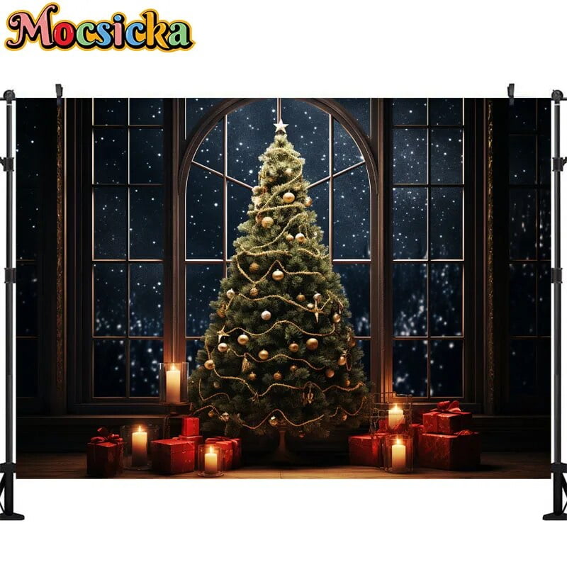 Christmas Window Snowy Night Backdrops Xmas Tree Portrait Photos
