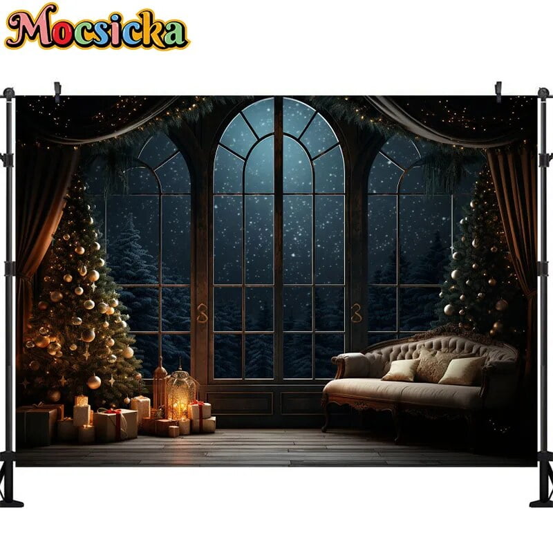 Christmas Window Snowy Night Backdrops Xmas Tree Portrait Photos