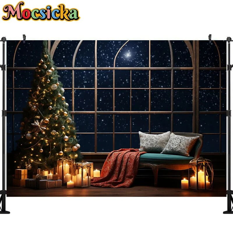 Christmas Window Snowy Night Backdrops Xmas Tree Portrait Photos