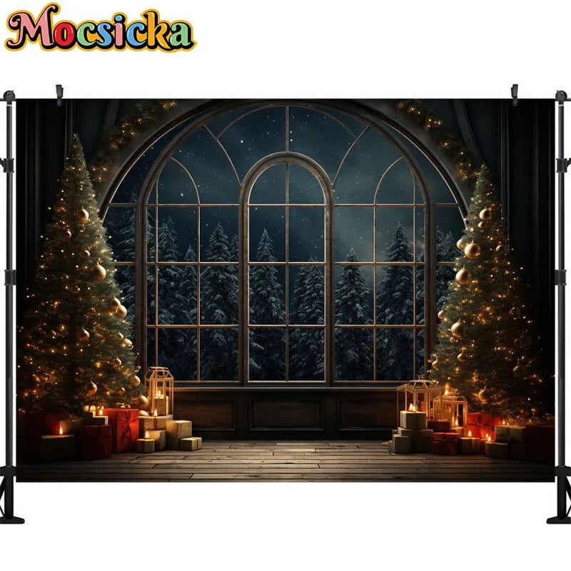 Christmas Window Snowy Night Backdrops Xmas Tree Portrait Photos