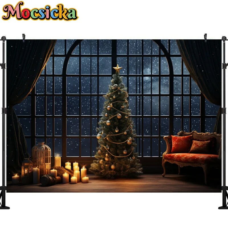 Christmas Window Snowy Night Backdrops Xmas Tree Portrait Photos