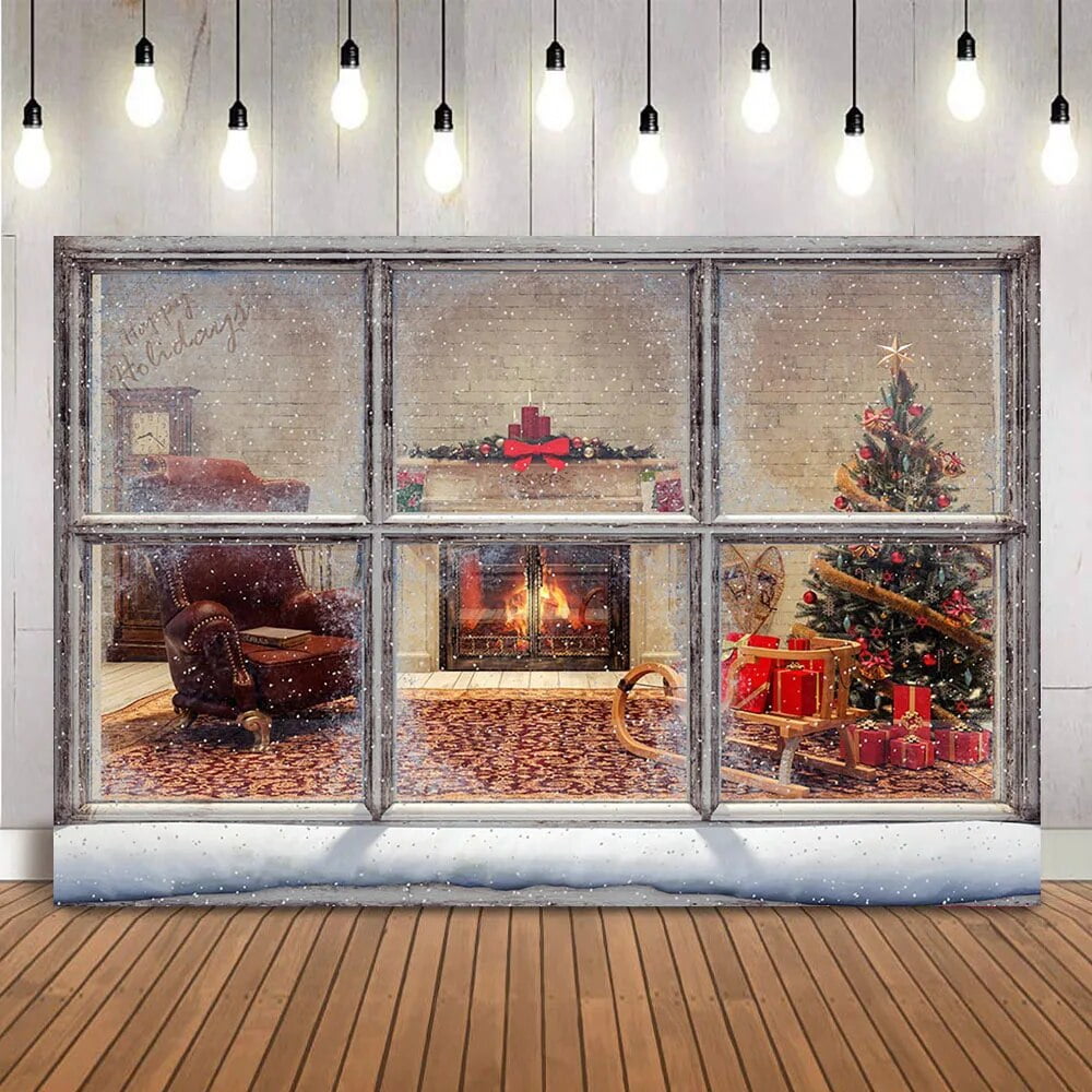 Christmas Windows Photography Backdrop Fireplace X-mas Pine Tree Living ...