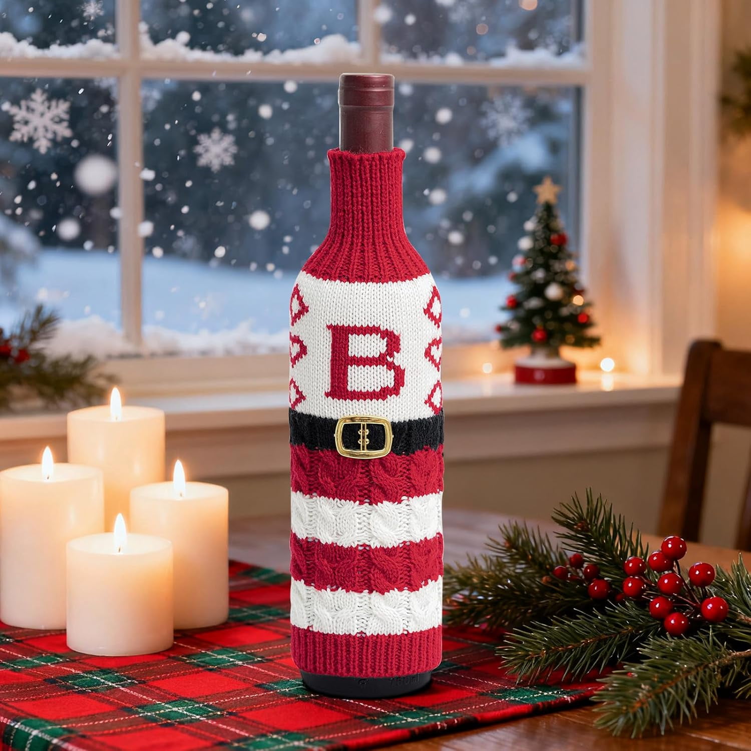 Christmas Wine Bottle Cover Knit Sleeve Red and White Letter B Design ...