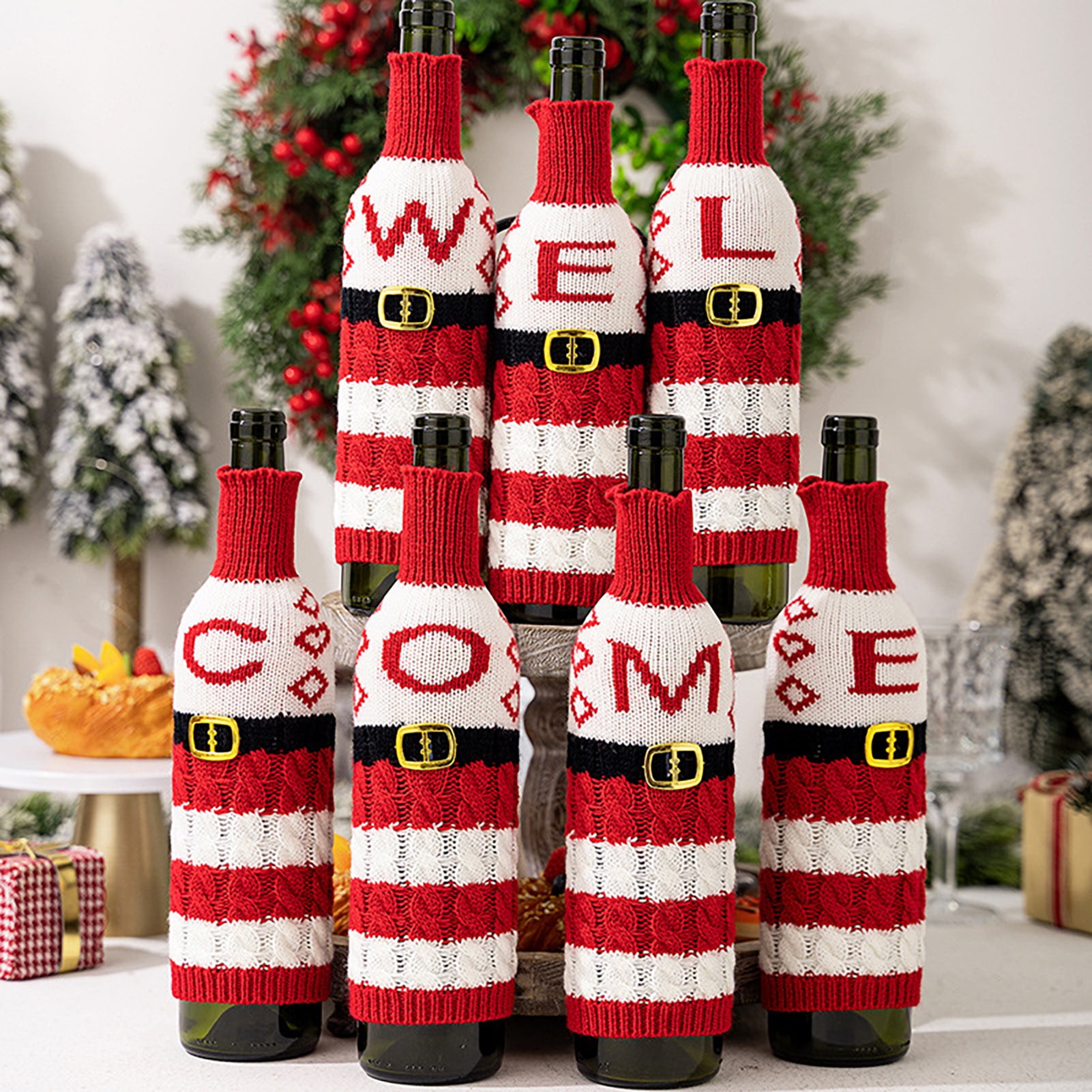 Christmas Wine Bottle Cover Reusable Knitted Letter Bottle Sleeve ...