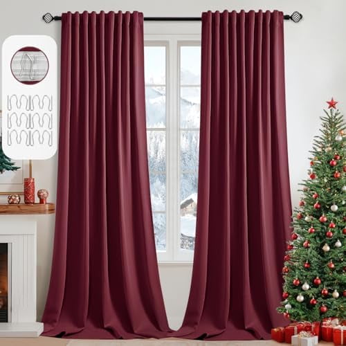 Christmas Wine Red Back Tab Blackout Curtains 108 Inch Long 2 Panels ...