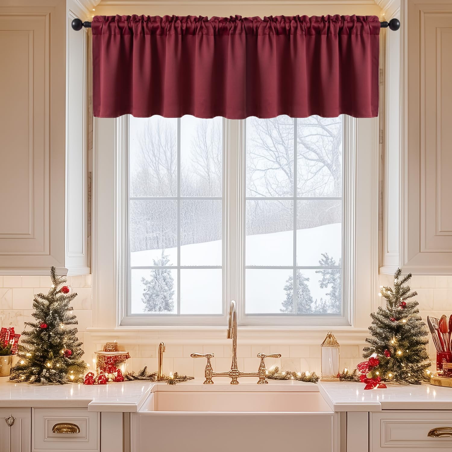 Christmas Wine Red Window Valance 18 Inches Long - Rod Pocket Thermal ...