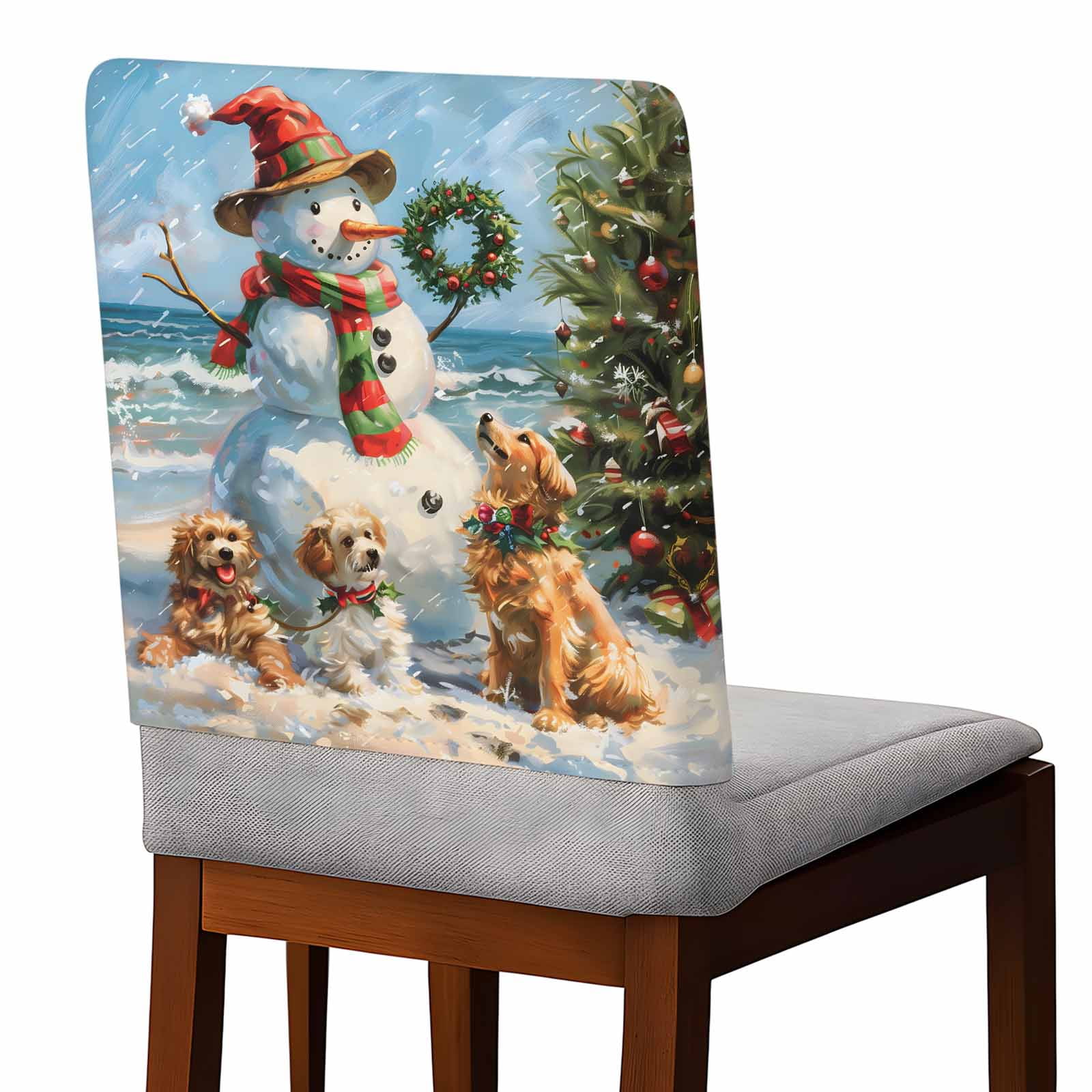 Christmas Winter Chair Covers Set of 6 Beach Coastal Snowman Cute Dogs ...