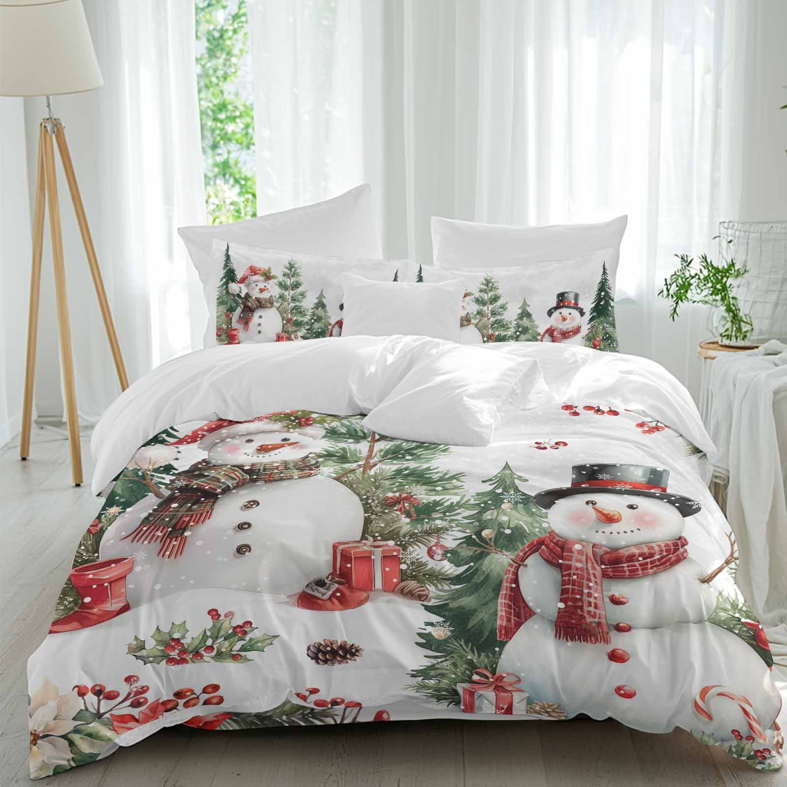 Christmas Winter Comforter Set Full Size, Snowman Xmas Tree Holly Berry ...