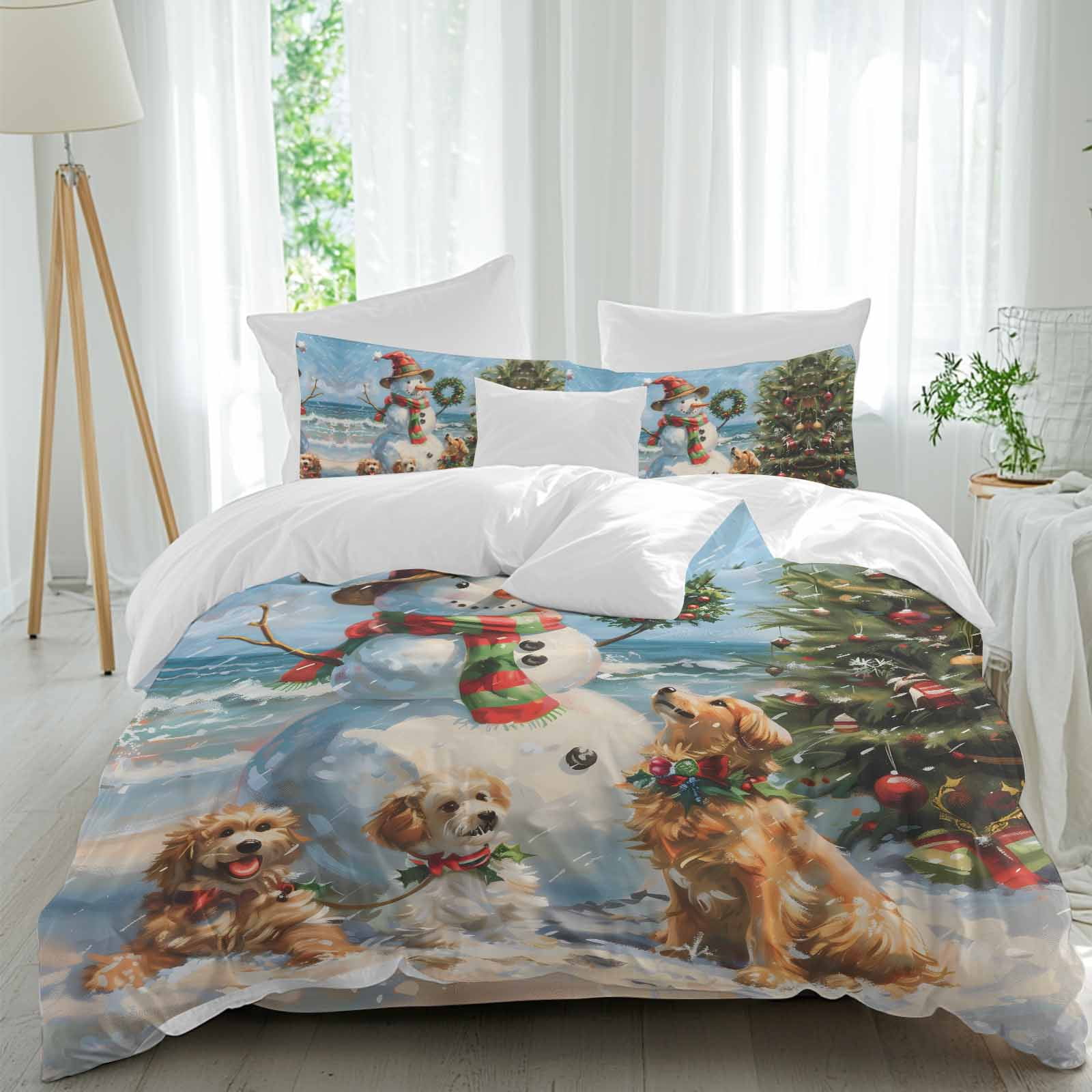 Christmas Winter Comforter Set Queen Size, Beach Coastal Snowman Cute ...
