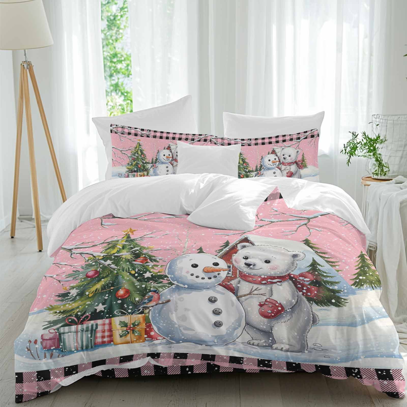 Christmas Winter Comforter Set Queen Size, Snowman Bear Xmas Tree ...