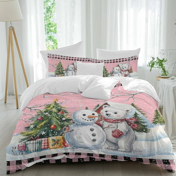 Christmas Winter Comforter Set Queen Size, Snowman Bear Xmas Tree ...