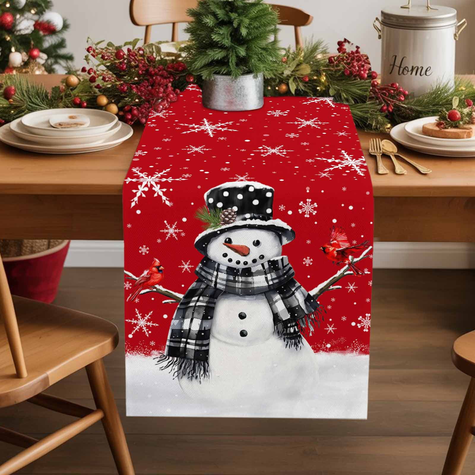 Christmas Winter Cotton Linen Table Runner Snowflake Snowman Red Robin ...
