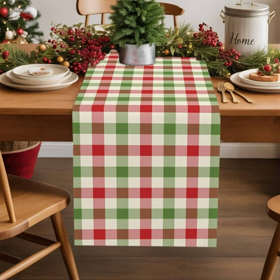 Christmas Winter Cotton Linen Table Runner Vintage Farmhouse Red Green ...