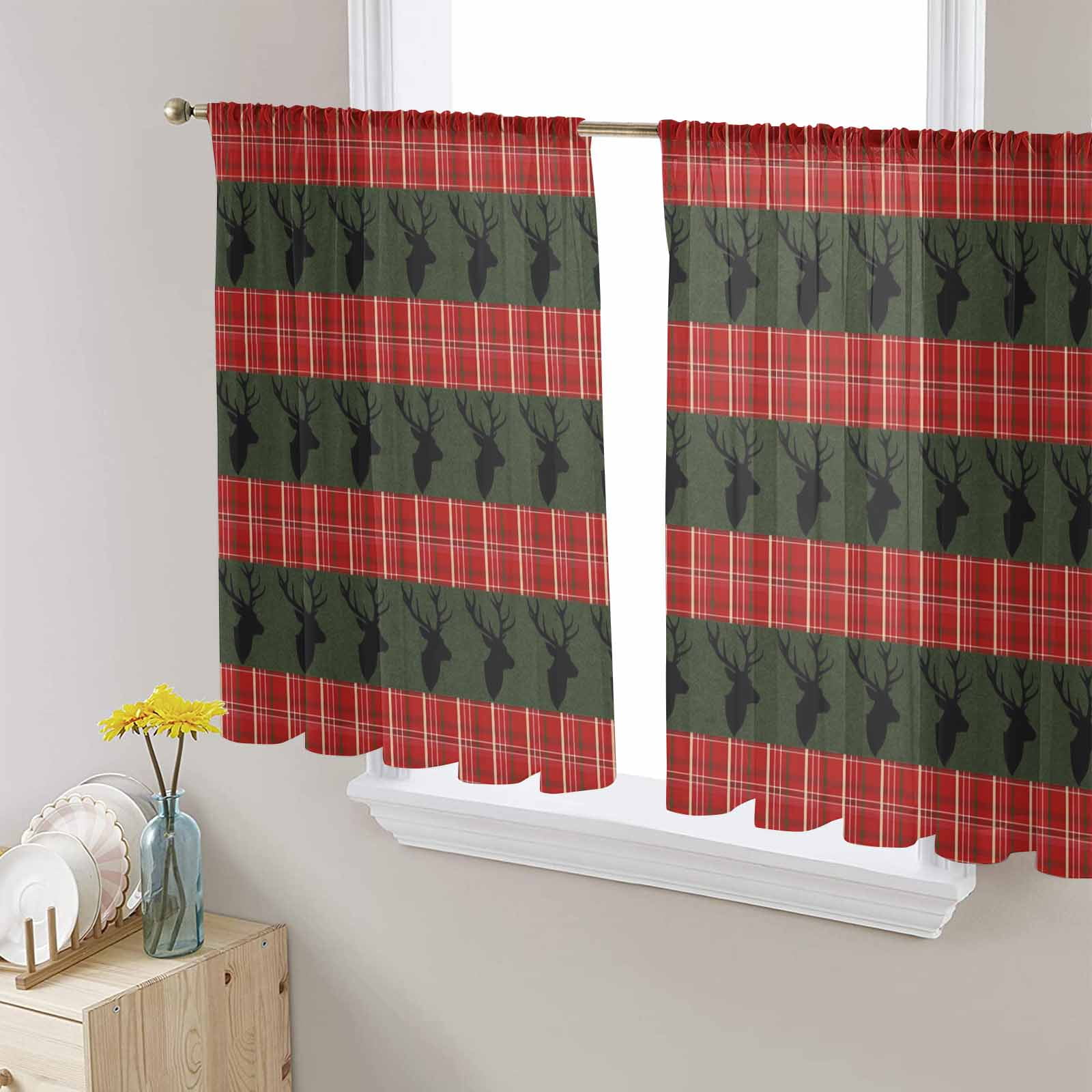 Christmas Winter Deer Sheer Curtains 54 Inches Long, Red Classic Plaid ...