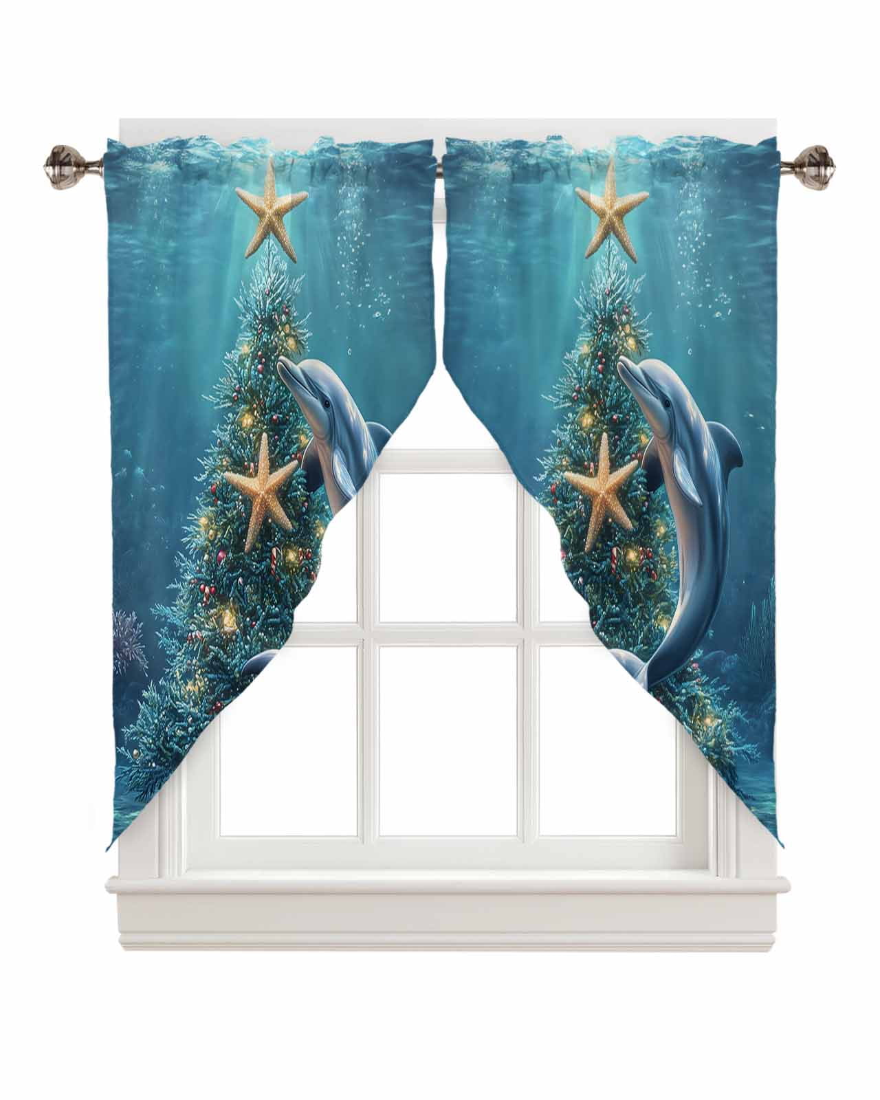Christmas Winter Dolphin Tree Swag Valances for Windows, Ocean Starfish ...