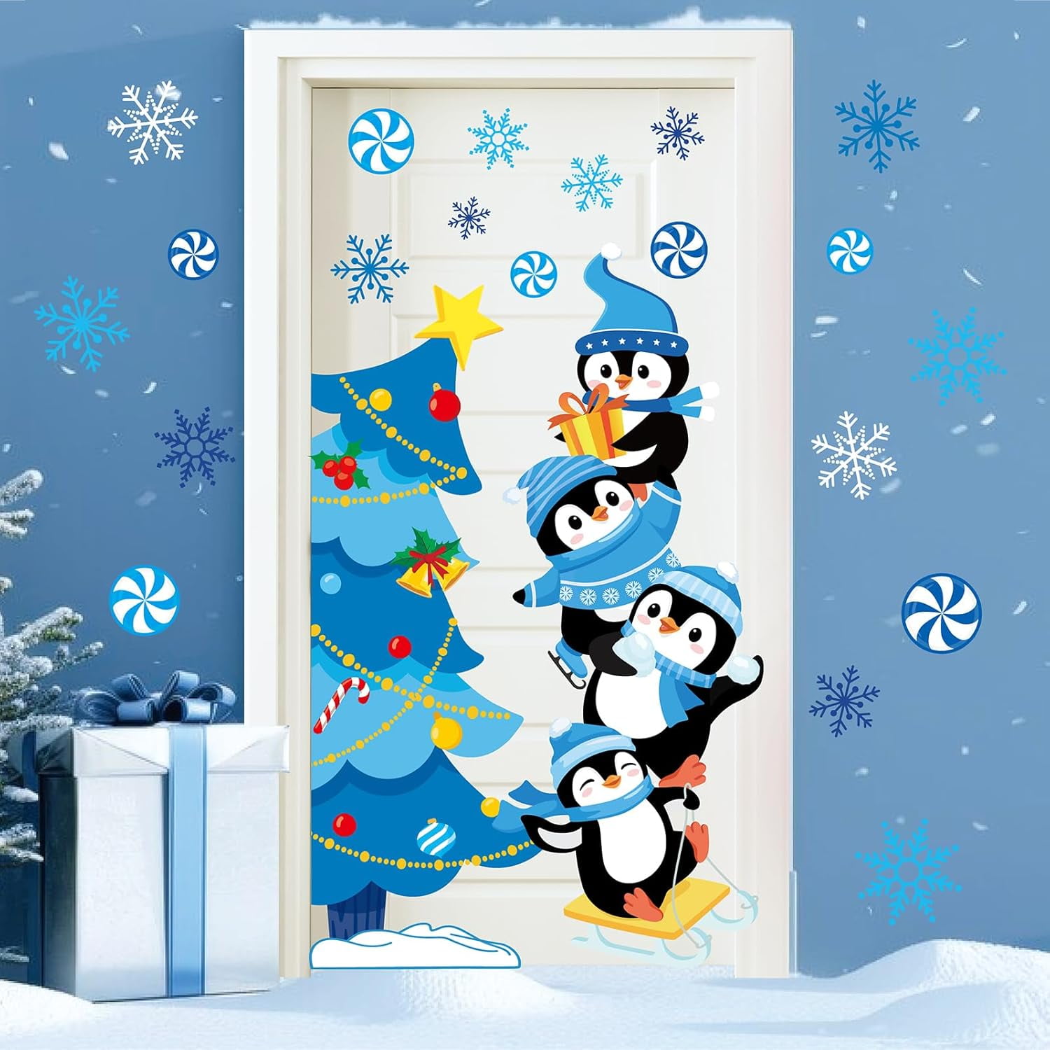 Christmas Winter Door Stickers Blue Xmas Tree Penguin Snowflake Candy ...