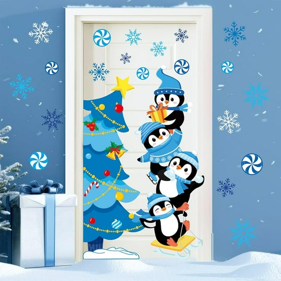 Christmas Winter Door Stickers Blue Xmas Tree Penguin Snowflake Candy ...