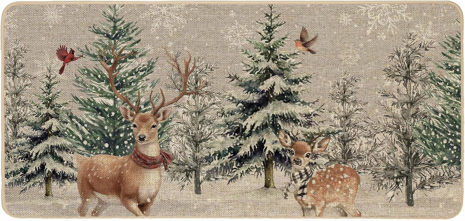 Christmas Winter Doormat,Snowy Pine Tree Deer Cardinal Snowflakes ...