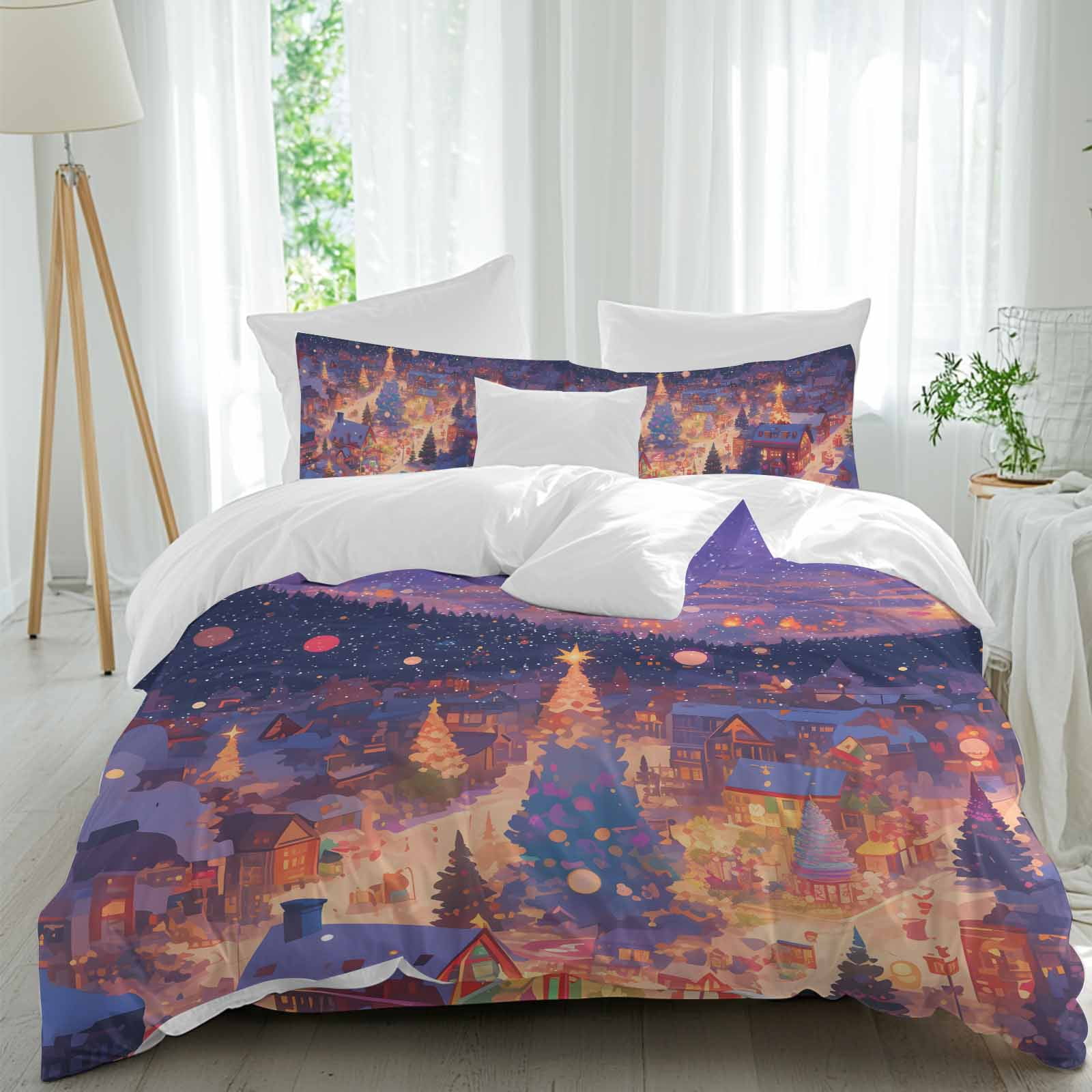 Christmas Winter Duvet Cover Set Twin Size, Xmas Tree Street Night 4 ...