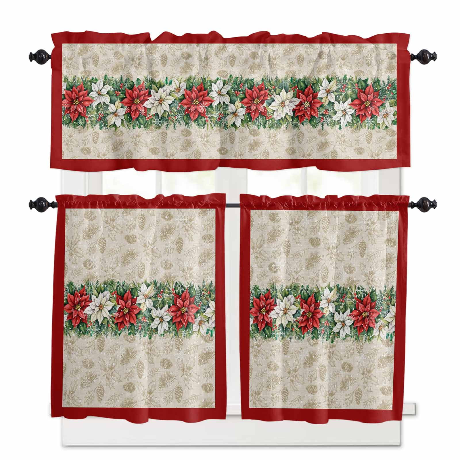 Christmas Winter Floral Kitchen Curtains and Valances Set, Poinsettia ...