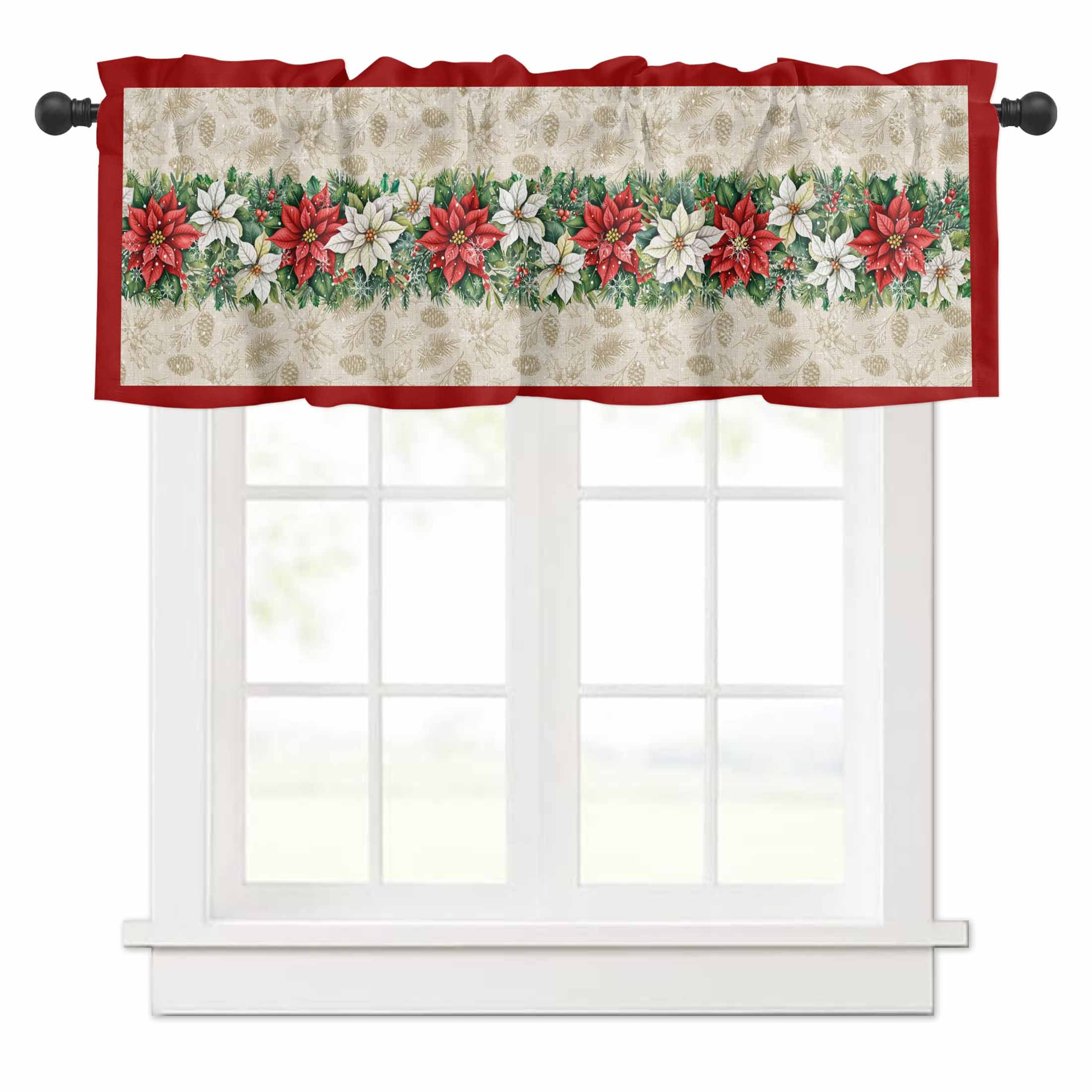 Christmas Winter Floral Valances for Windows Poinsettia Red Flower Leaf ...
