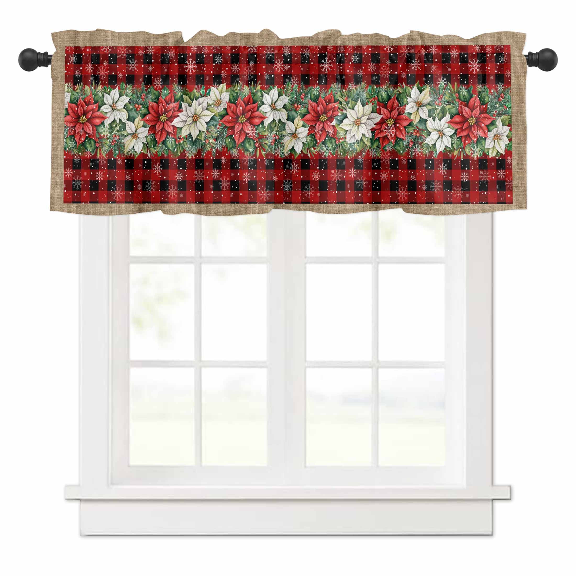 Christmas Winter Floral Valances for Windows Poinsettia Red Flower Leaf ...