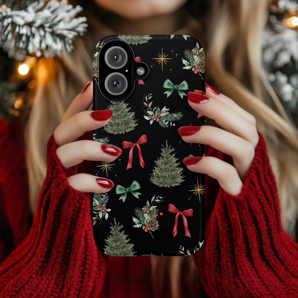 Christmas Winter Gold Green Bow Collage Phone Case with iPhone 17 to 11 ...