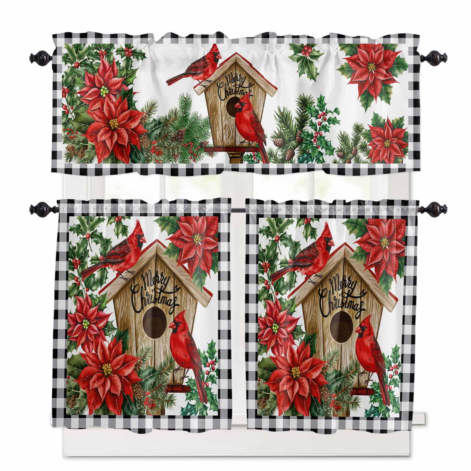Christmas Winter Kitchen Curtains and Valances Set, Cardinal Flowers ...