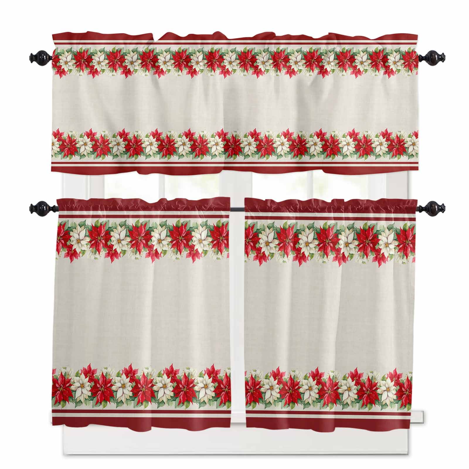 Christmas Winter Kitchen Curtains and Valances Set, Poinsettia Red ...