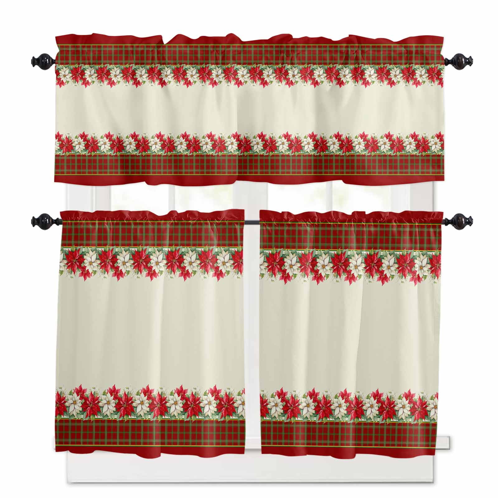 Christmas Winter Kitchen Curtains and Valances Set, Poinsettia Red ...