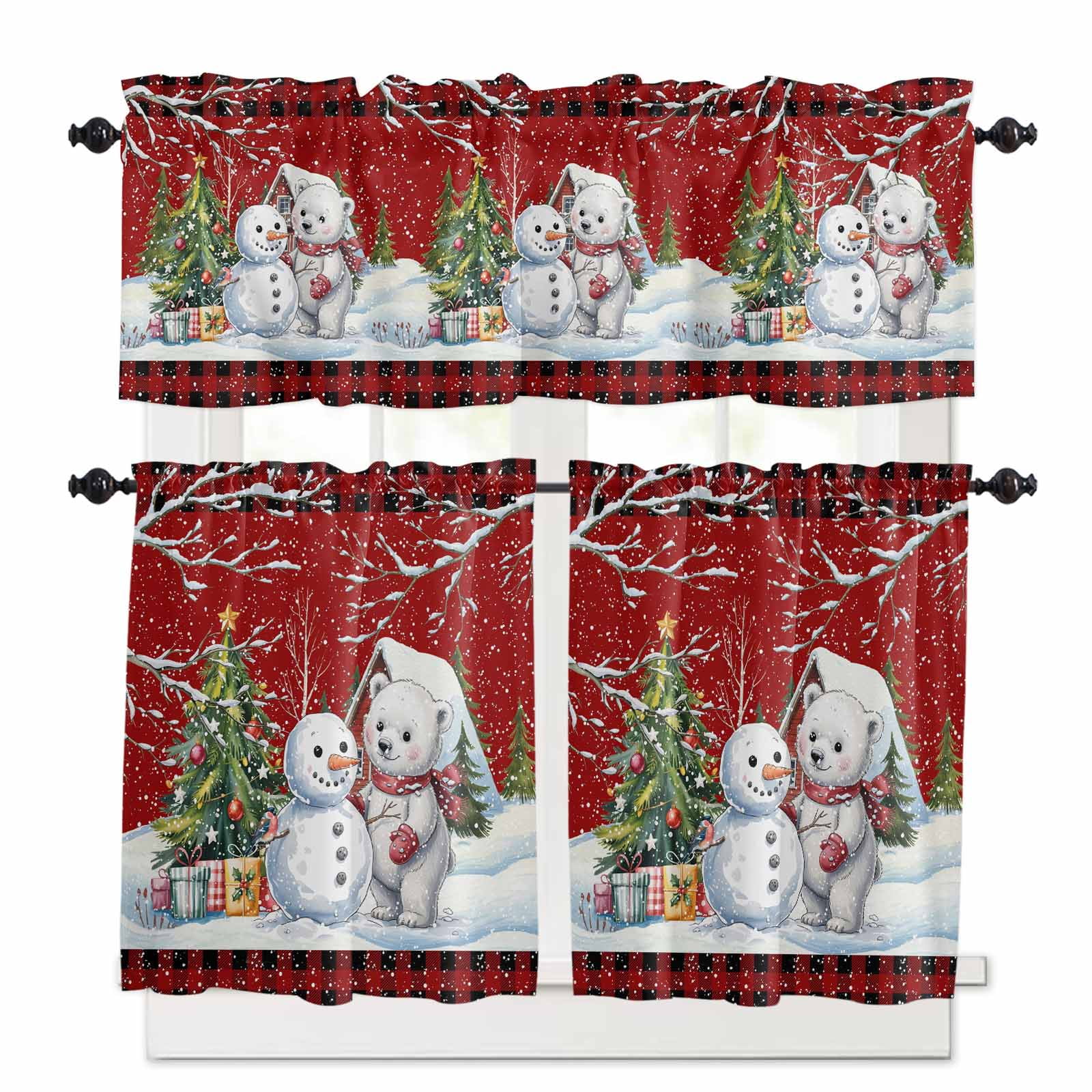 Christmas Winter Kitchen Curtains and Valances Set, Snowman Bear Xmas ...