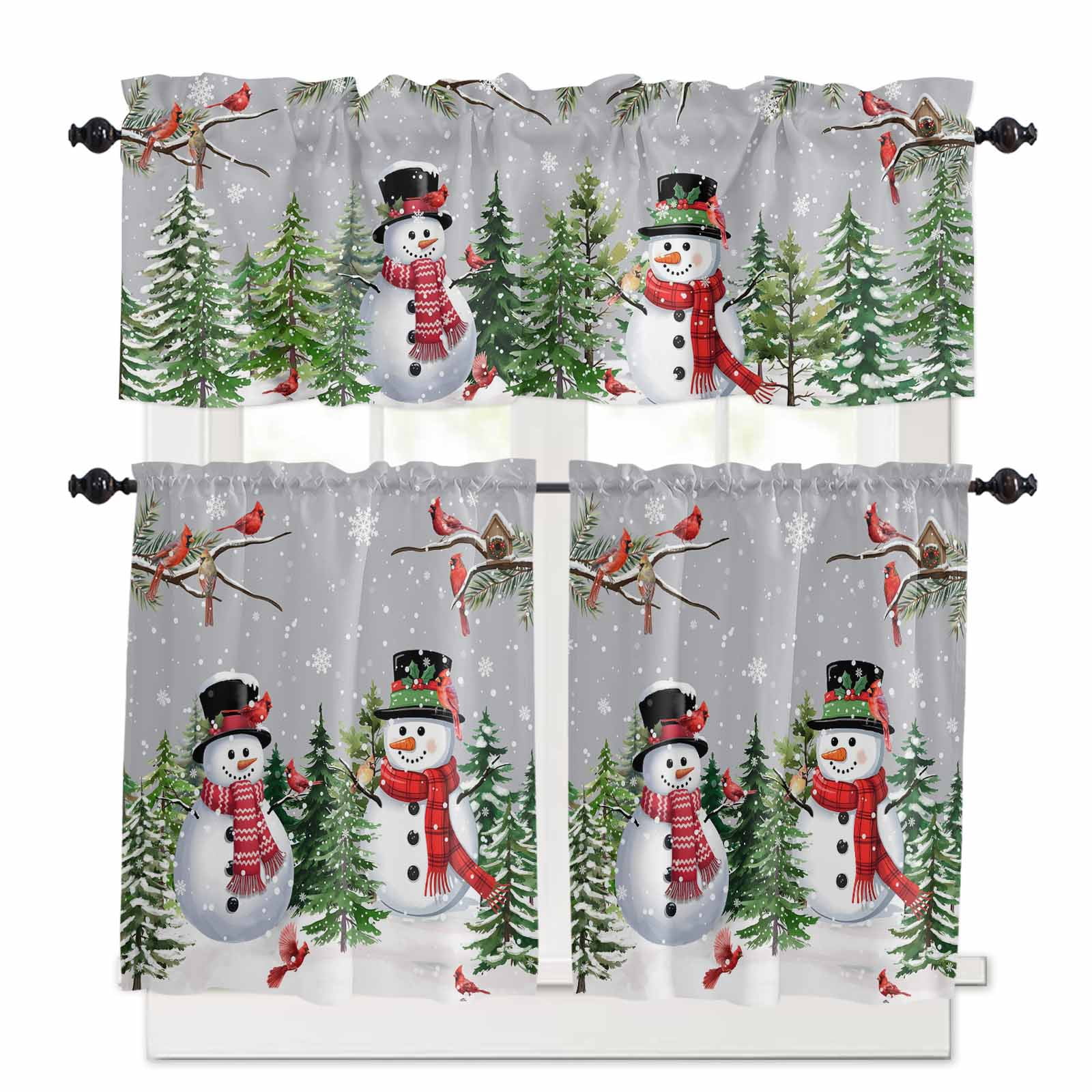 Christmas Winter Kitchen Curtains and Valances Set, Snowman Pine Needle ...