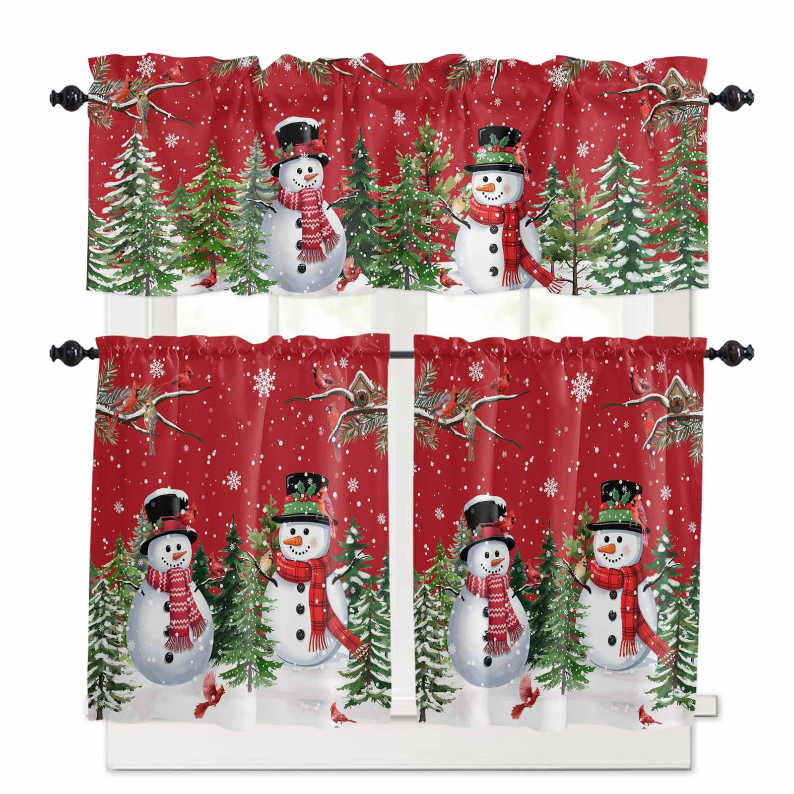 Christmas Winter Kitchen Curtains and Valances Set, Snowman Pine Needle ...