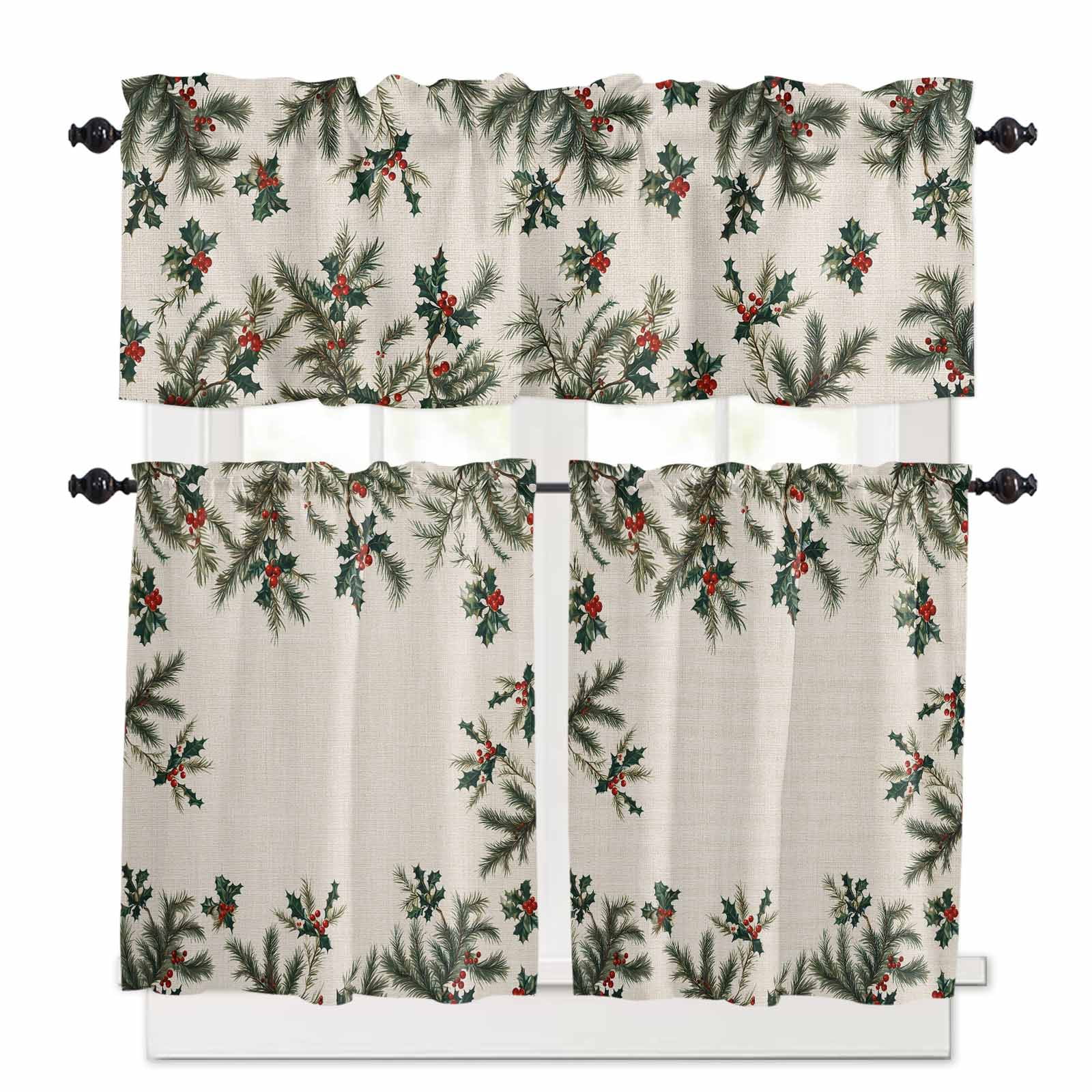 Christmas Winter Kitchen Curtains Valances and Tiers Set of 3 Pine ...