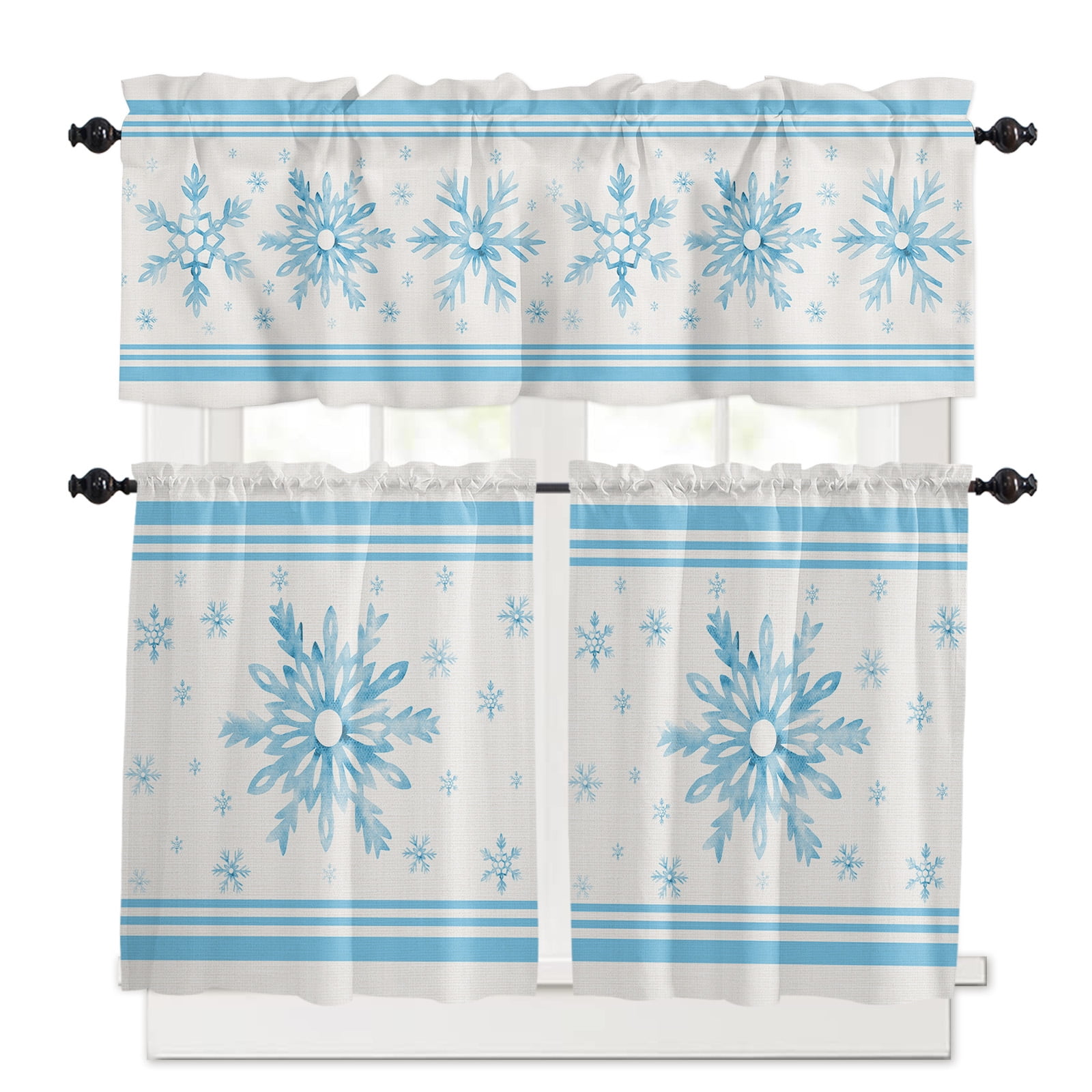 Christmas Winter Kitchen Curtains Valances and Tiers Set of 3 Snowflake ...