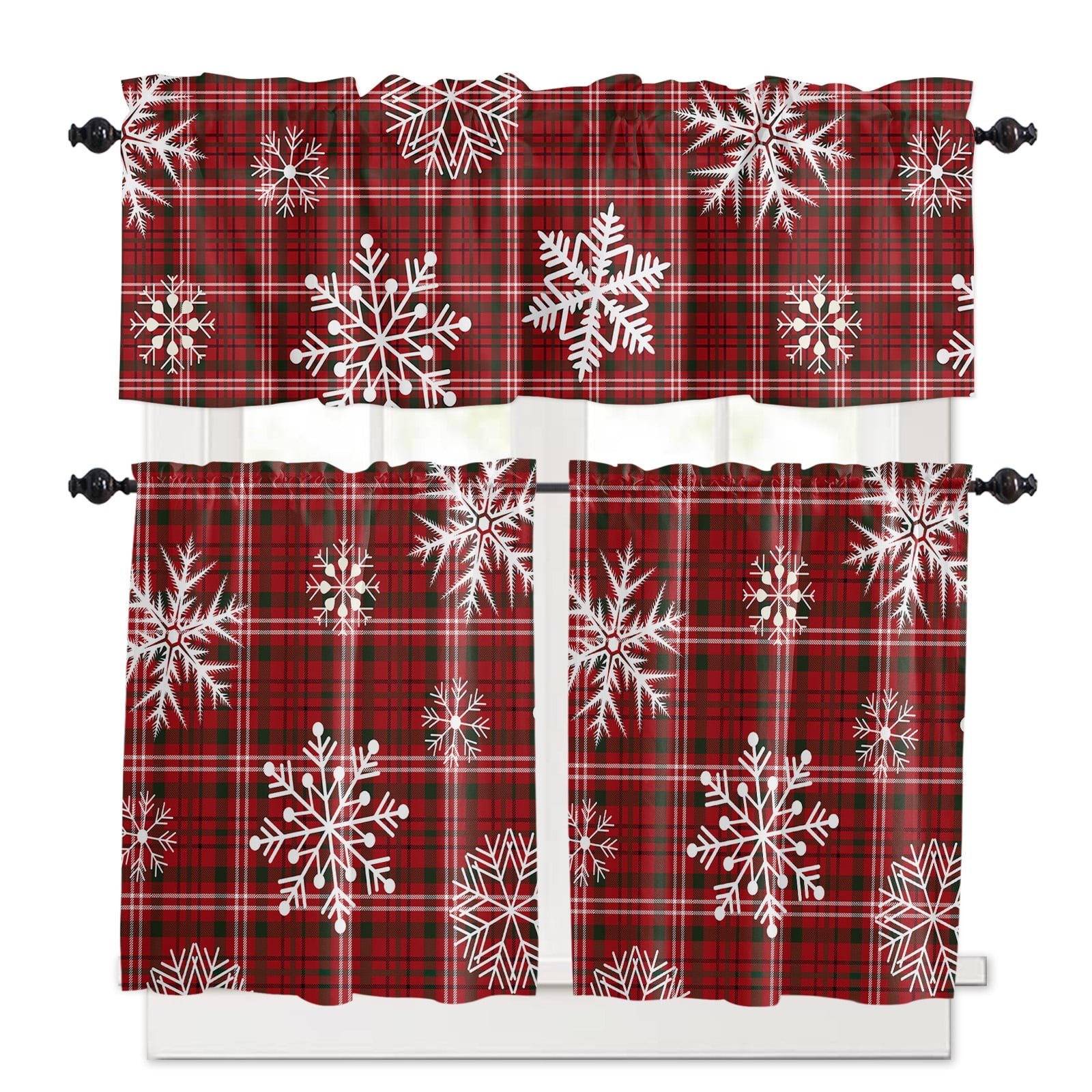 Christmas Winter Kitchen Curtains Valances and Tiers Set of 3 Snowflake ...