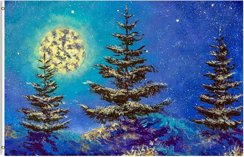 Christmas Winter Landscape with Moon and Snowy Fir Trees 4x6 Foot ...