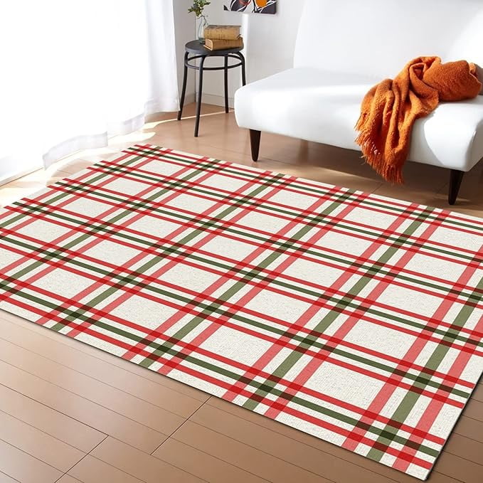 Christmas Winter Red Green Plaid Area Rugs, Line Lattice Easy Clean Rug ...