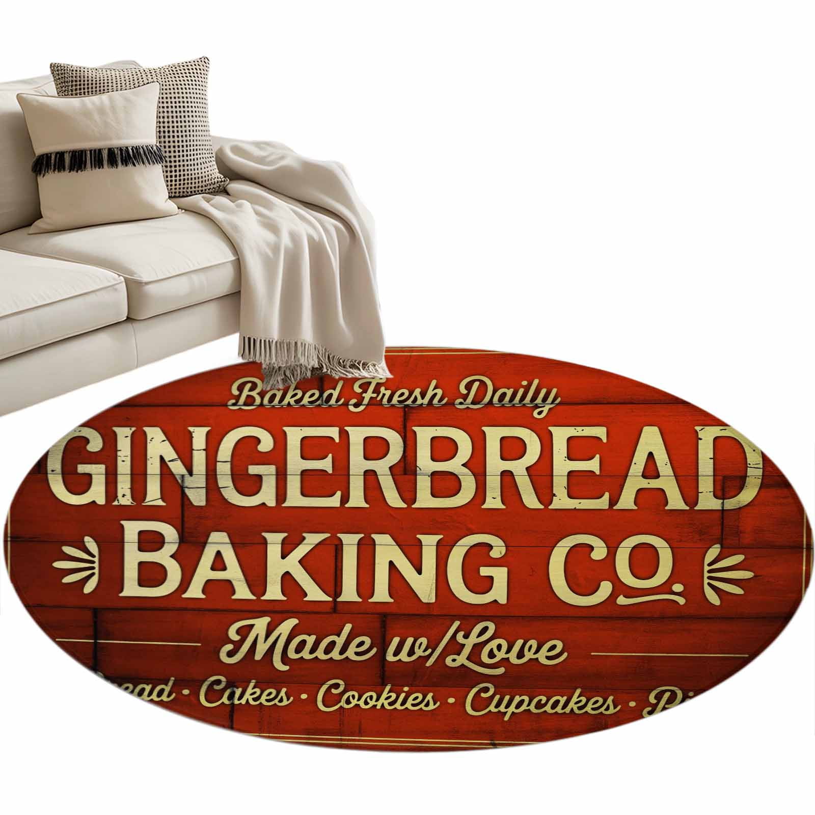 Christmas Winter Round Area Rug 3ft Ginger Bread Retro Red Black Wood ...