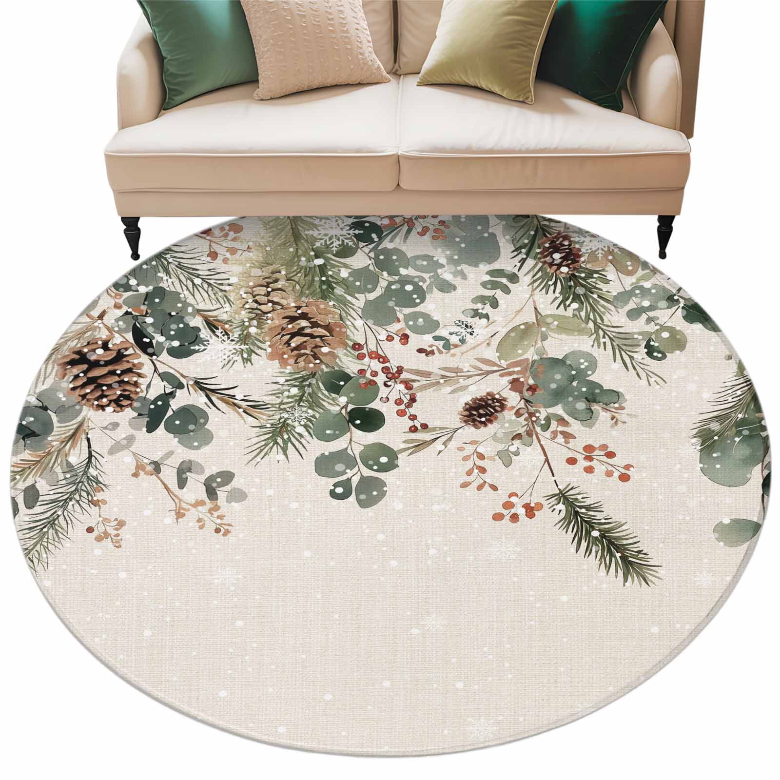 Christmas Winter Round Area Rug 5ft Pine Tree Berry Eucalyptus Retro ...