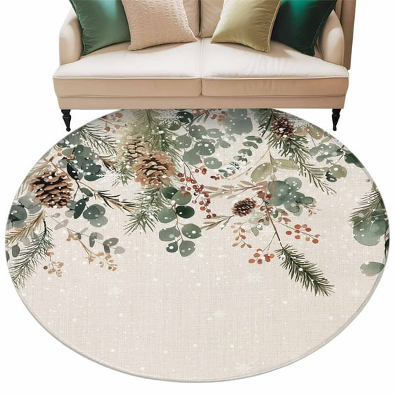 Christmas Winter Round Area Rug 5ft Pine Tree Berry Eucalyptus Retro ...