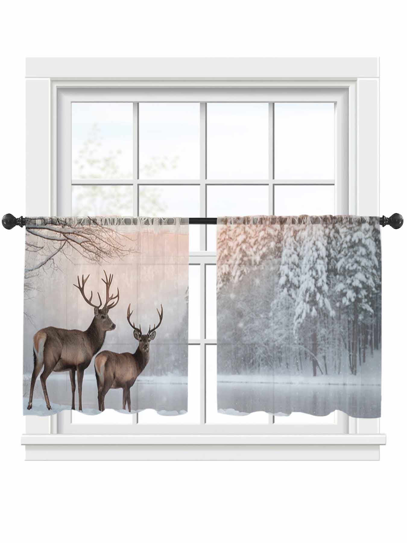 Christmas Winter Sheer Curtains 54 inches Long, Elk Snowflake Tree ...