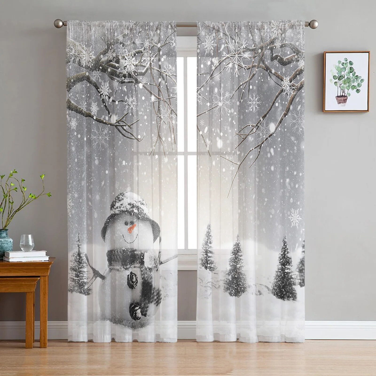 Christmas Winter Snow Scene Snowman Tulle Curtain for Living Room ...